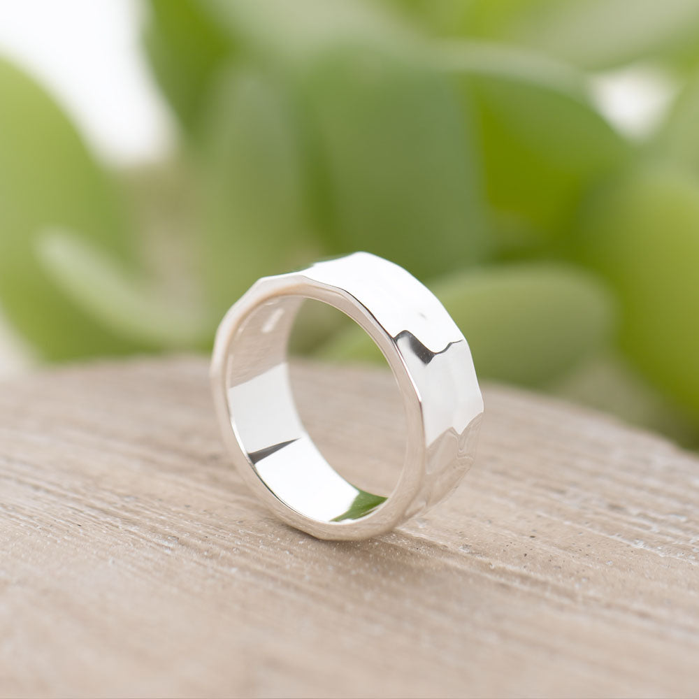 Flat-Shaped, Hammered-Finish Solid 925 Silver Band - 7mm Wide – The ...